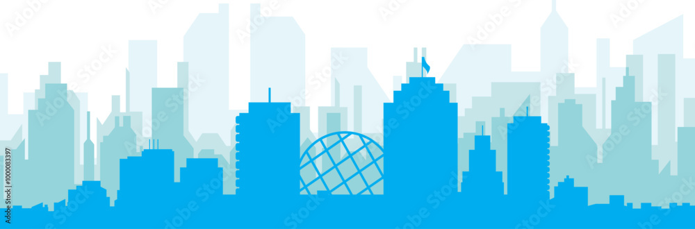Blue panoramic city skyline poster with bluish misty transparent ...