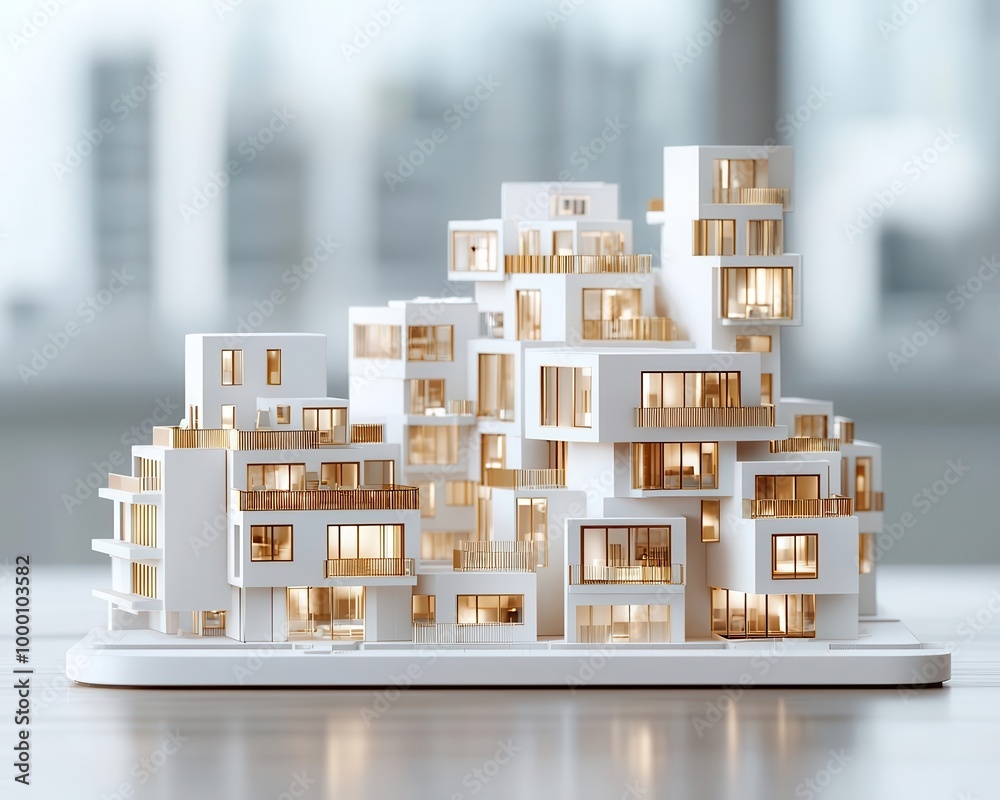 Urban housing mass model with white facade, wooden detailing, and gold ...