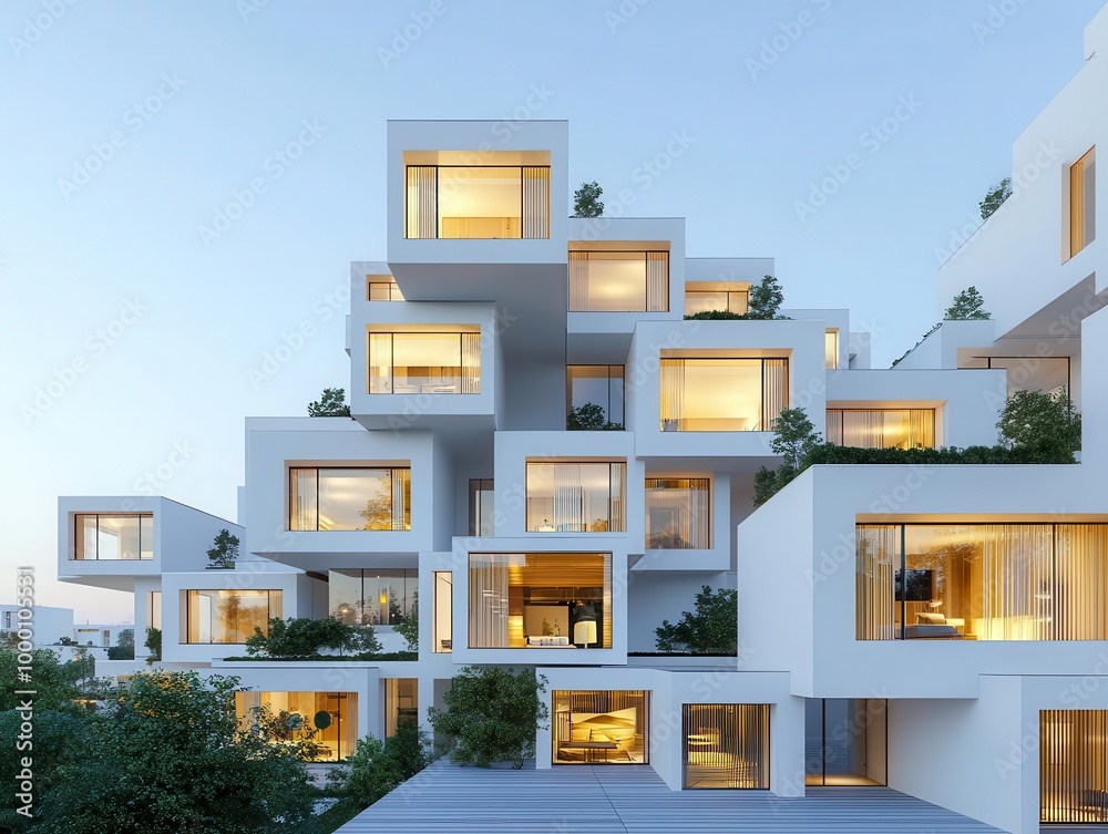 Mixed-use building mass with white cantilevered levels, wooden cladding ...