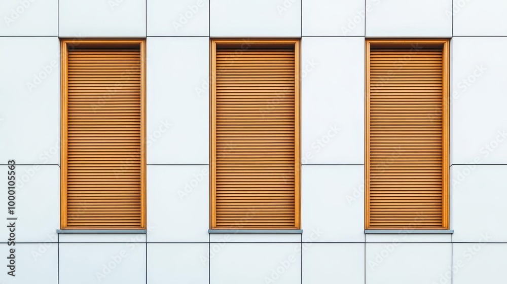 Commercial building mass with white facade, wooden louver details, and ...