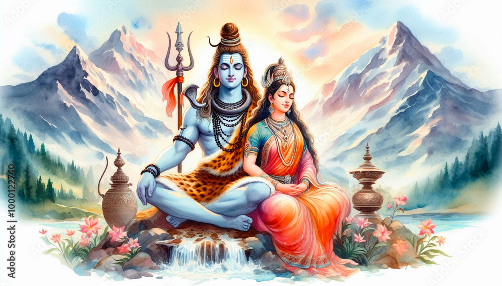 portrait of colorful watercolor Indian Hindu religious god Shiva or ...