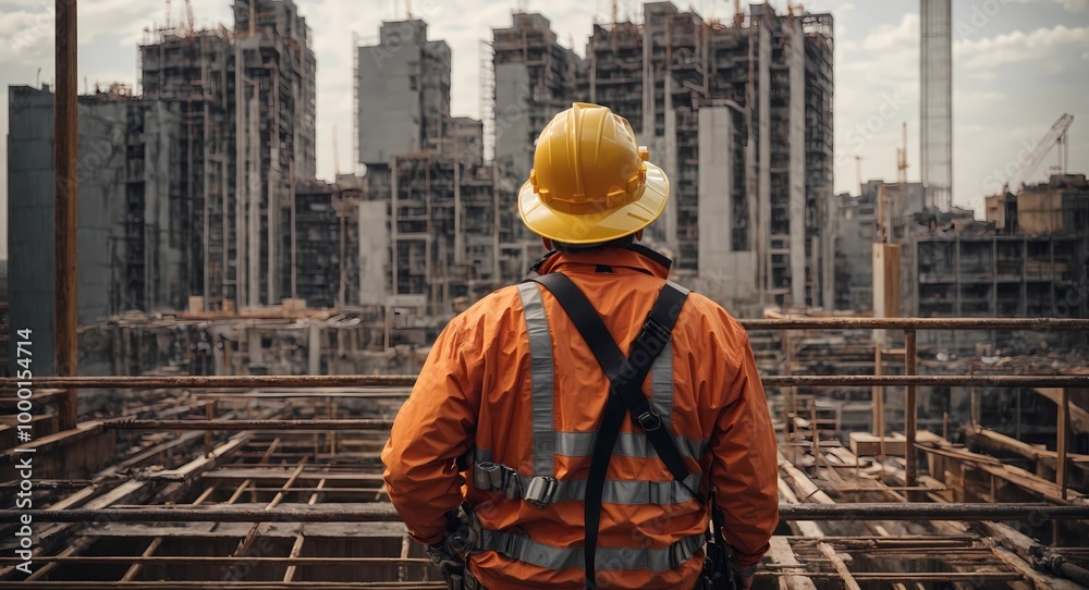 Back view of construction worker wearing safety uniform during working ...