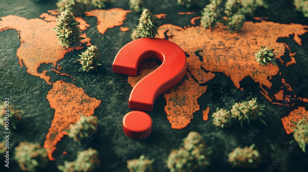 Doubt, Question Mark on Top of World Map with Cannabis Around, Standard ...