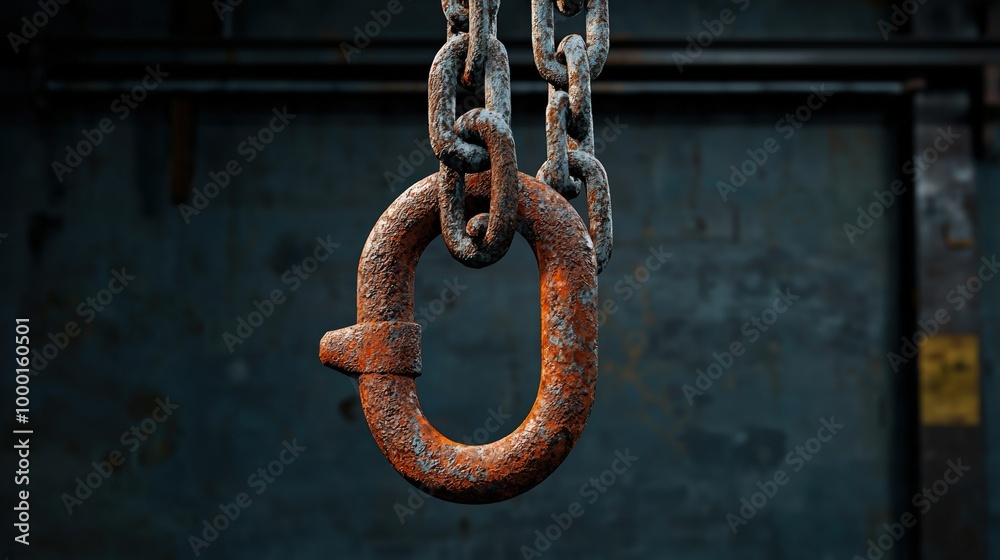 Rusty metal hook hanging from chains in an industrial setting, dark ...