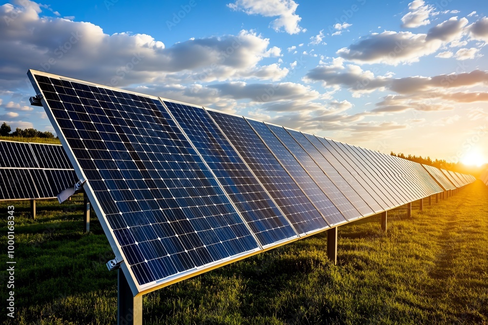 Hyper-realistic image of a solar farm at sunset, with the panels ...