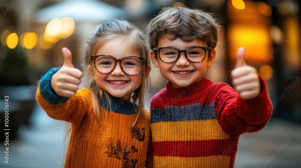 Two cheerful children, a girl in a colorful sweater and a boy in ...
