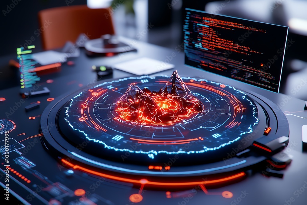 Interactive 3D model of a cyber-attack, with digital elements like ...