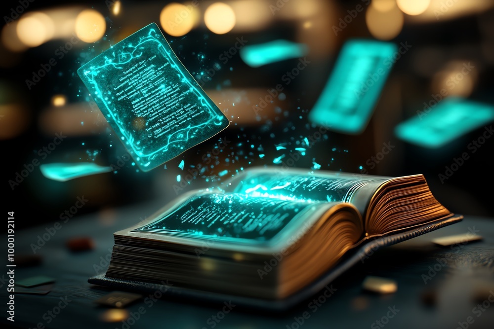 Magical floating books and flashcards in a fantasy classroom, where ...