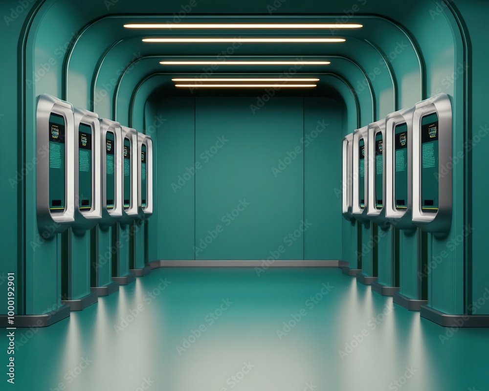 Futuristic bank interior with sleek digital kiosks, AI-powered service ...