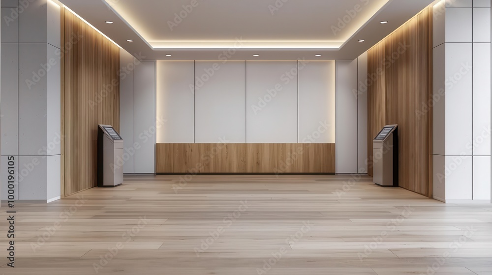Illustration Stock Modern bank lobby with minimalistic design, wooden ...