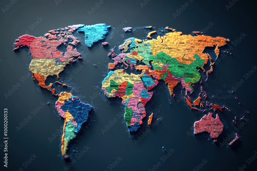Colorful 3D World Map with Detailed Country Borders Stock Illustration ...