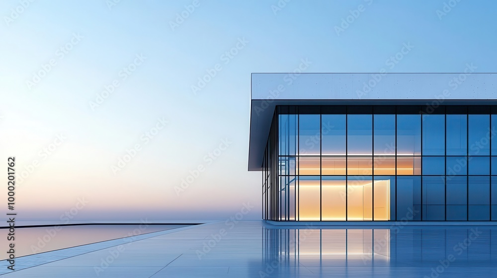 Bank building facade with frameless glass walls, smooth concrete panels ...