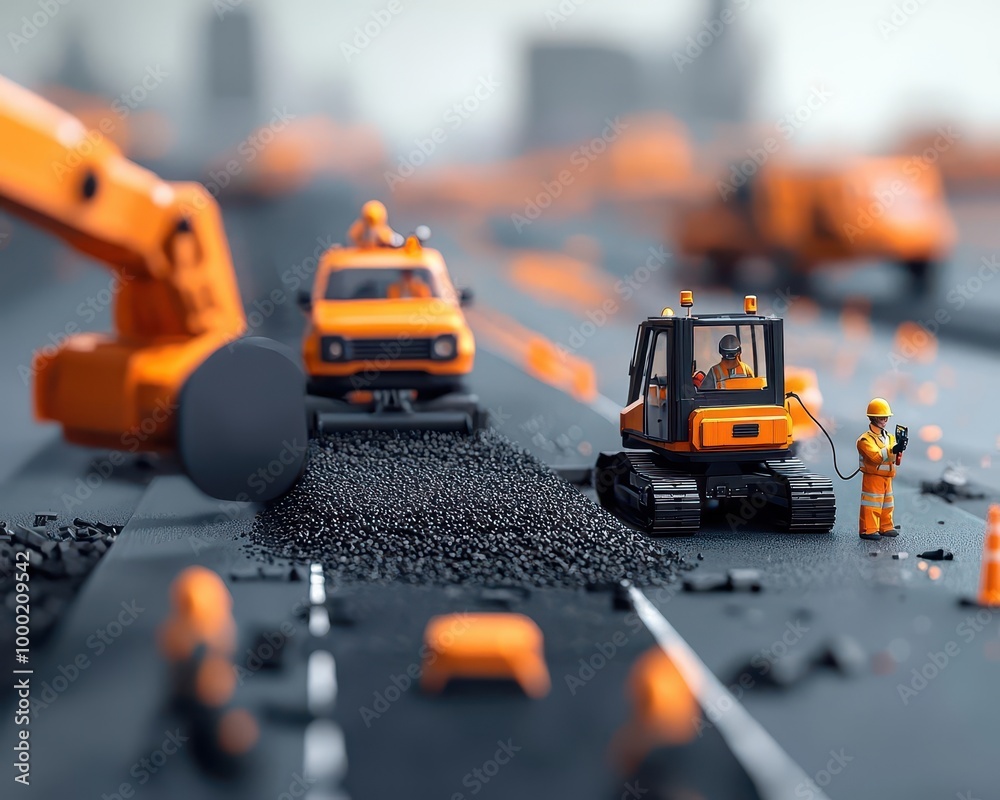 High-tech construction site with robotic pavers laying smart asphalt ...