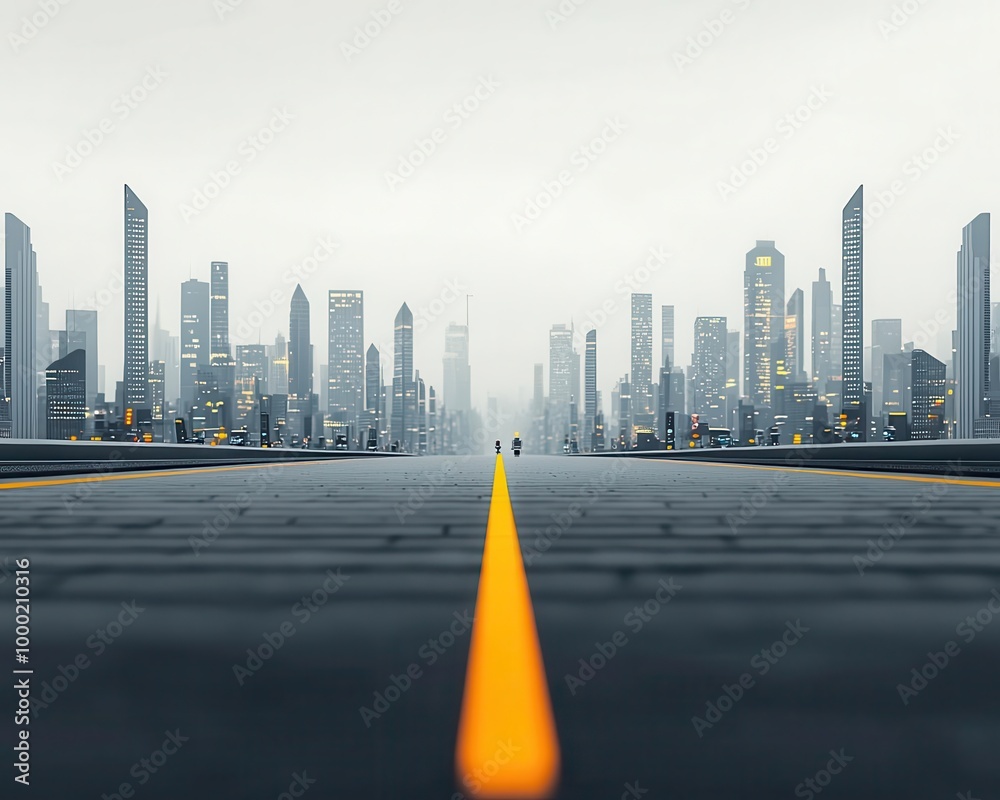 Road paving project in a futuristic city, where robotic machines lay a ...