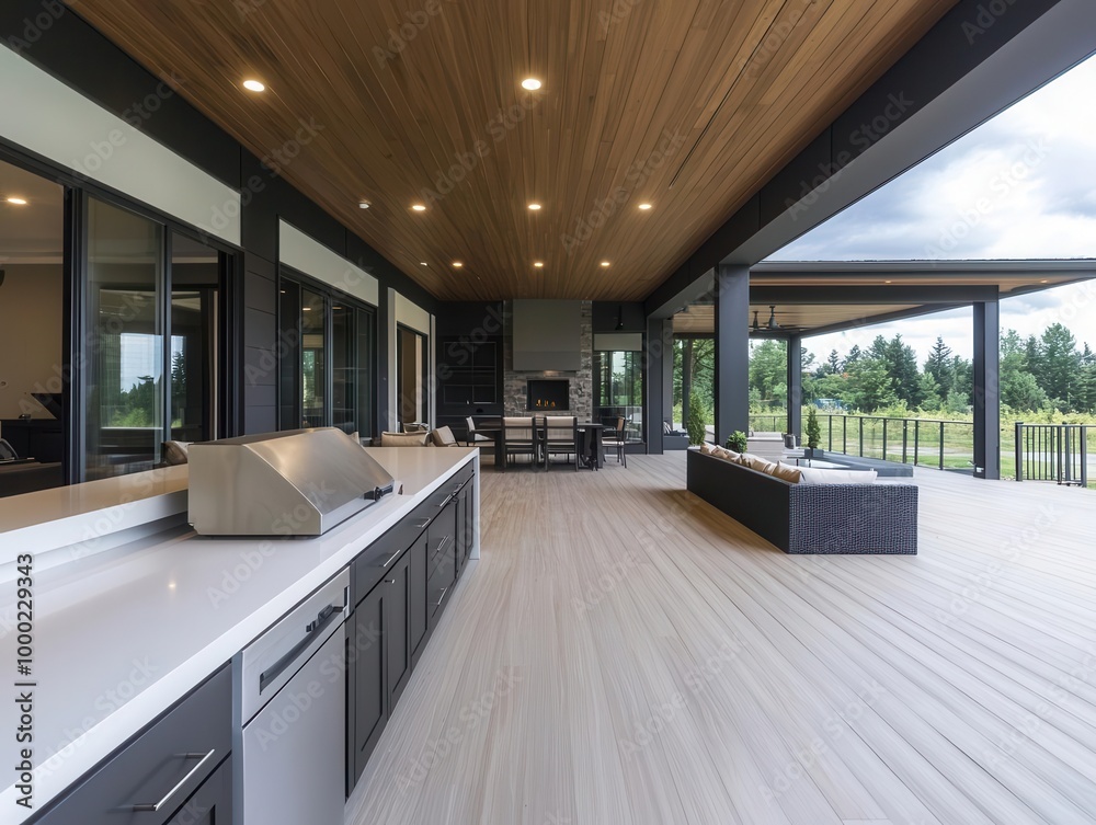 Outdoor kitchen with white quartz countertops, contemporary wood ...