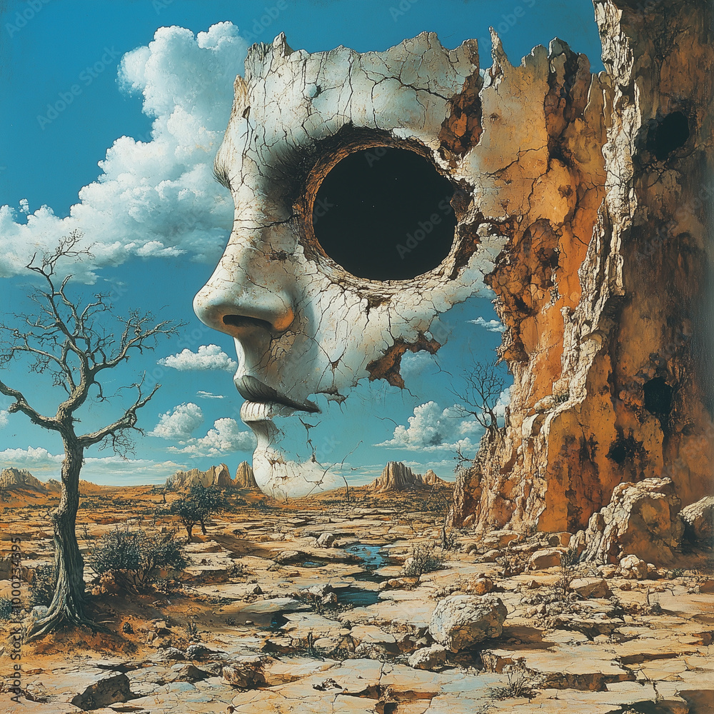 Crumbling stone face with dark void against surreal desert landscape ...