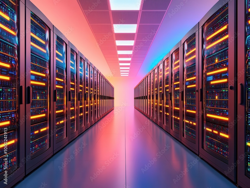High-tech server room processing massive datasets for predictive analytics, representing the ...