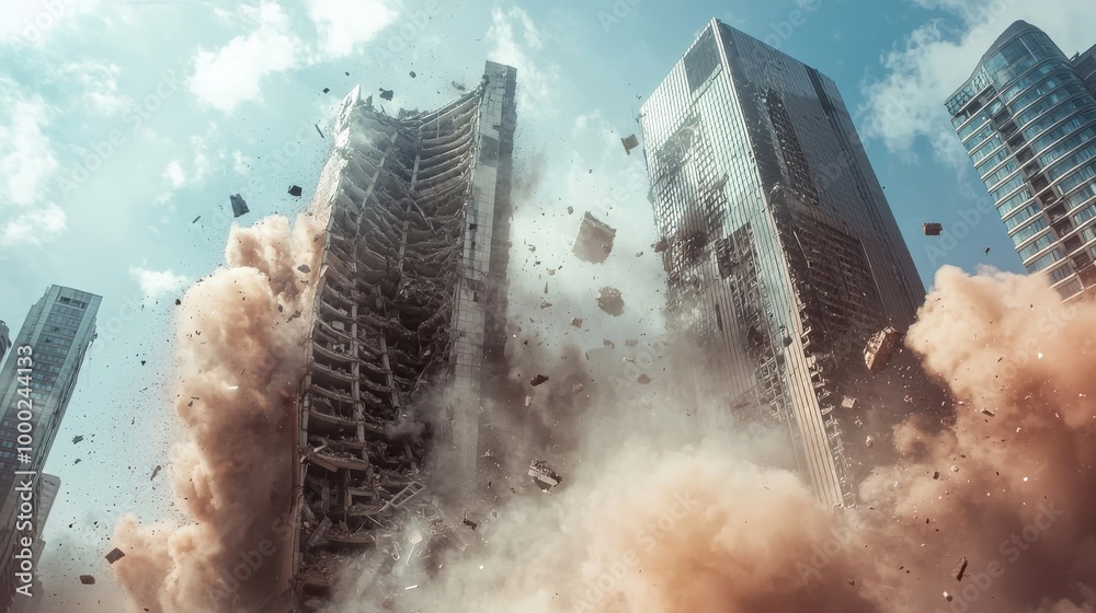 Skyscrapers and residential structures in mid-collapse, with debris and ...