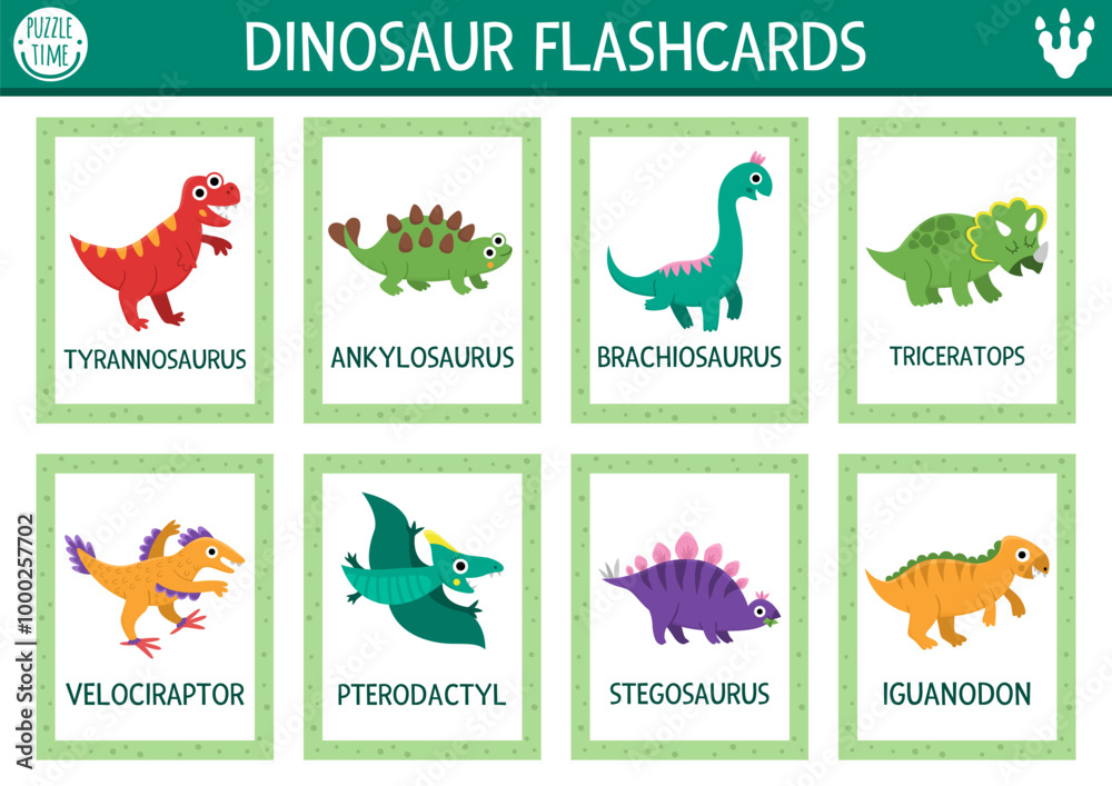 Vector dinosaur flash cards set with t-rex, triceratops, pterosaur ...