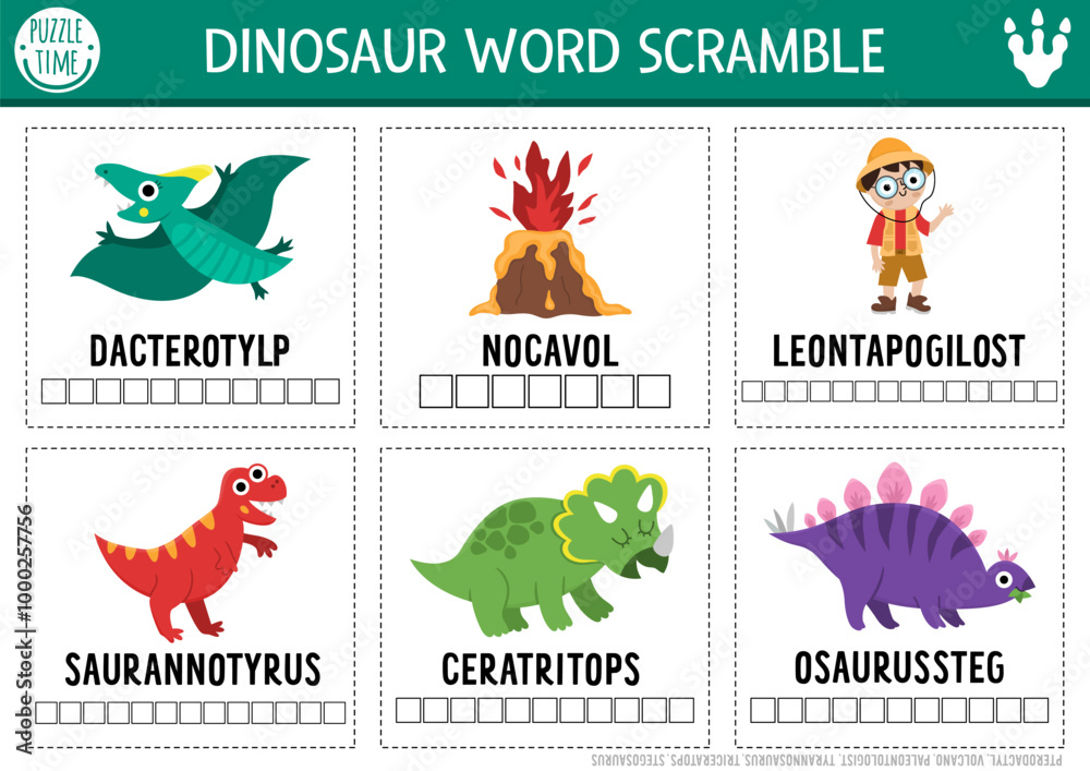 Vector dinosaur word scramble activity page. English language game with ...
