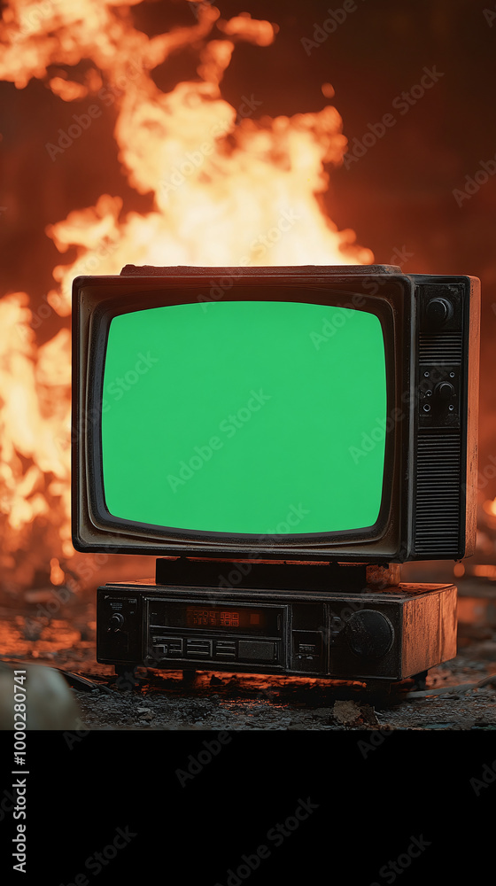 vertical composition green screen tv in front of burned buildings fire ...