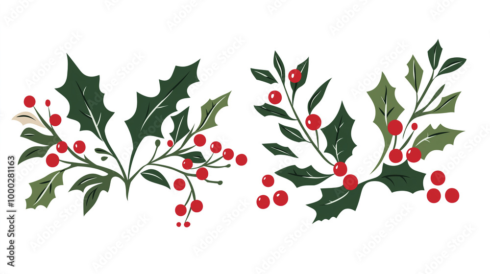 Holly and mistletoe combination depicted with crisp, defined lines and ...