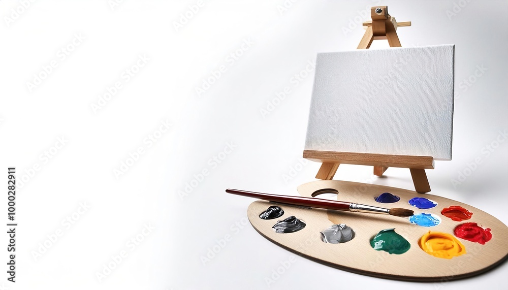 artist art paint setup with oil color paints, brush, canvas and easel ...