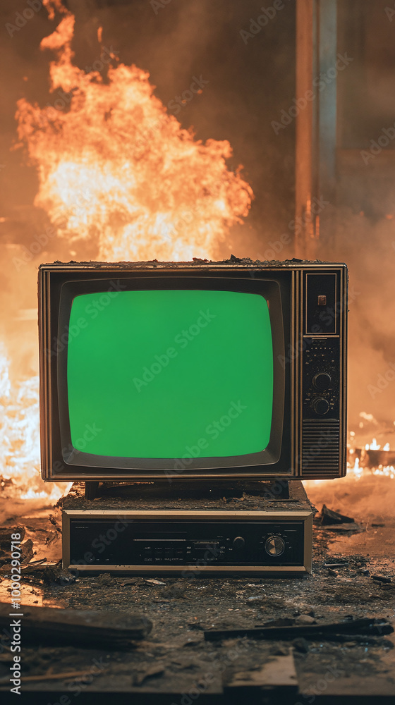 vertical composition green screen tv in front of burned buildings fire ...