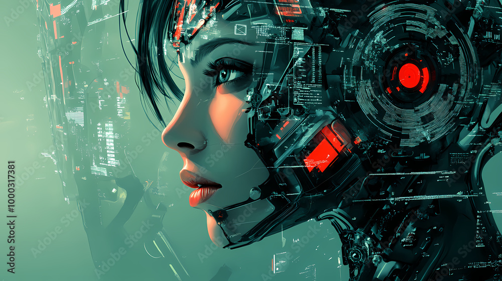 Android head with female face and image of technologies of the fourth ...