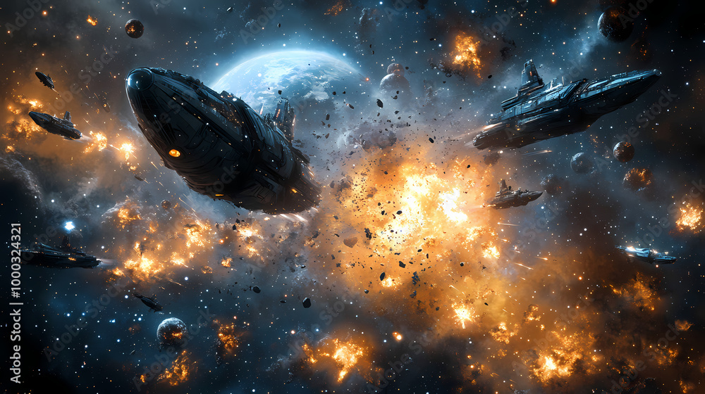 Epic starship battle in deep space with exploding planets and fighter ...