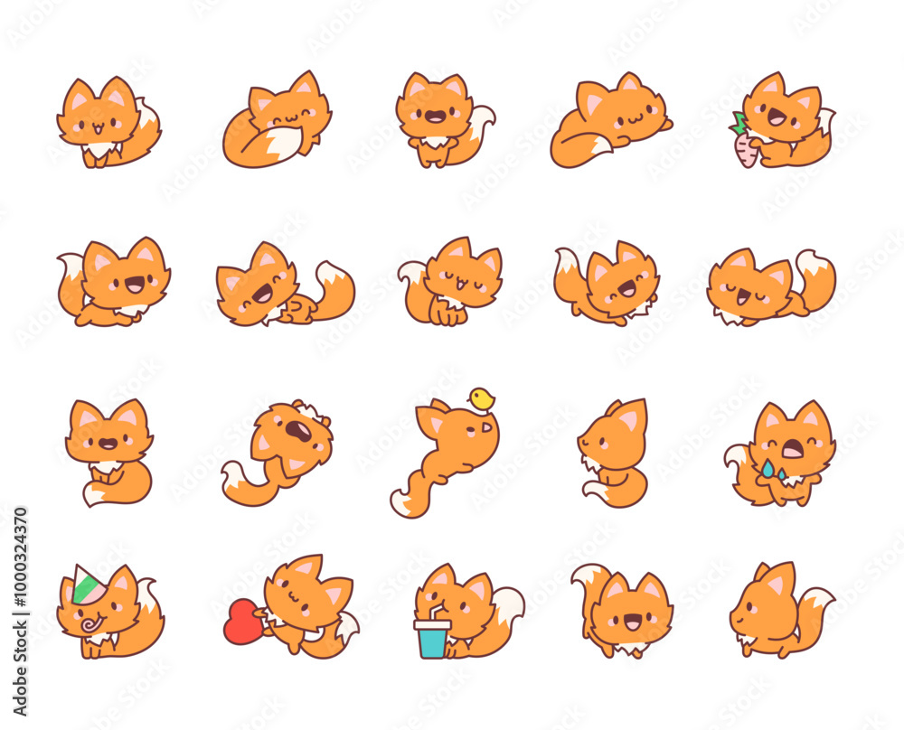 Cute kawaii fox. Cartoon wild animal. Hand drawn style. Vector drawing ...