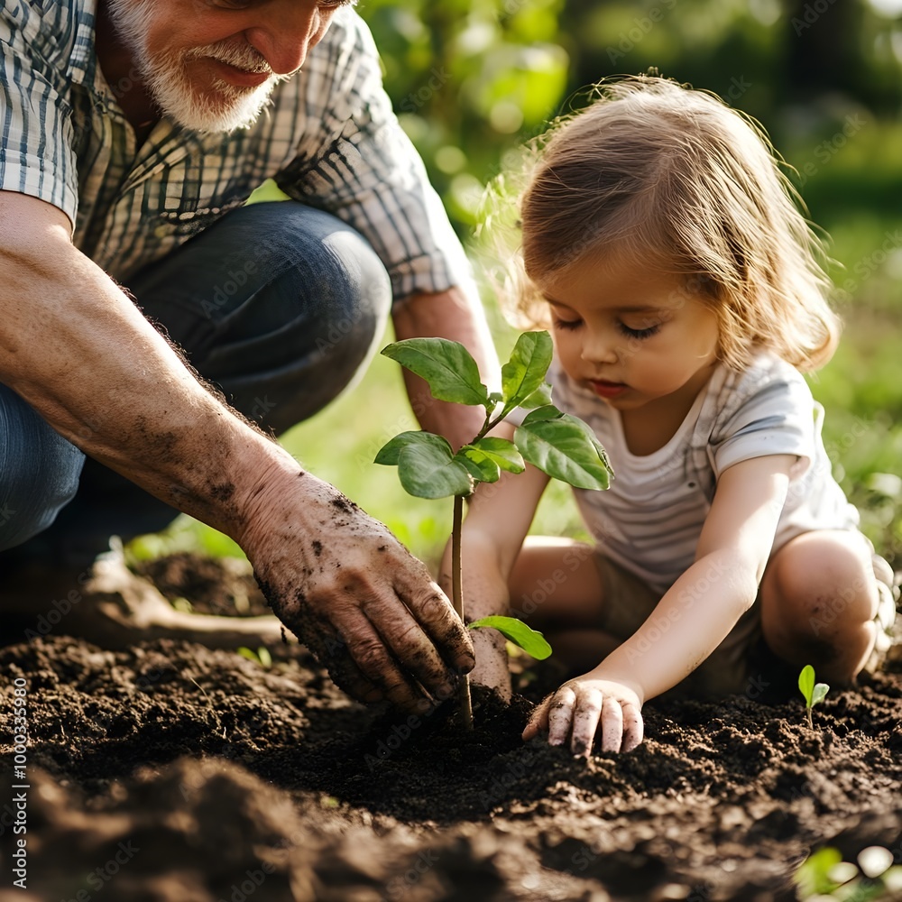 Grandfather and granddaughter planting a tree together, both with dirty ...