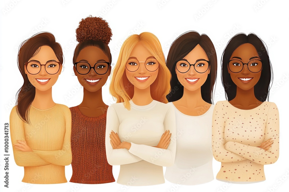 Group of smiling women in diverse outfits and hairstyles symbolizing ...