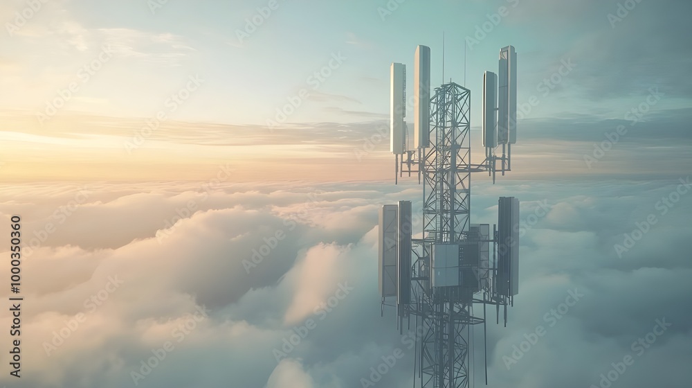 5G macro base station with radio modules and antennas on a metal tower, surrounded by a cloudy ...