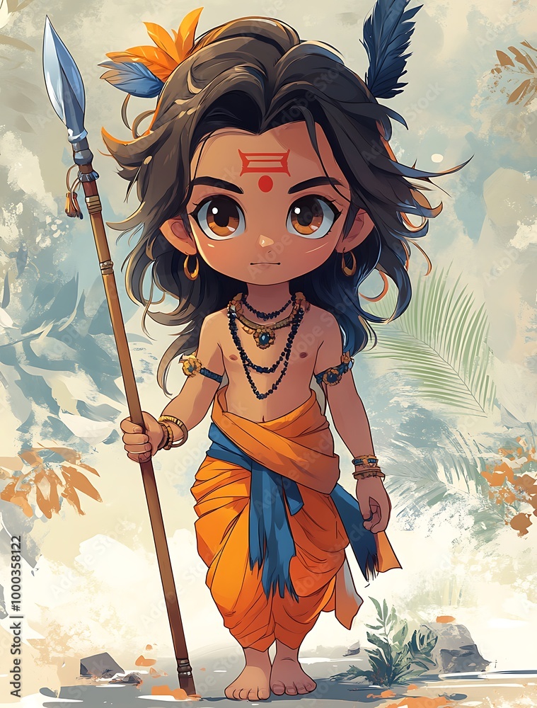 Cute Cartoon Illustration of Hindu God with Spear Stock Illustration ...