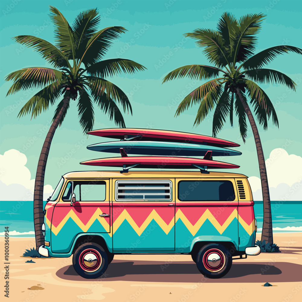 beach van with surf board, Long beach, summer vibes hand draw, summer ...