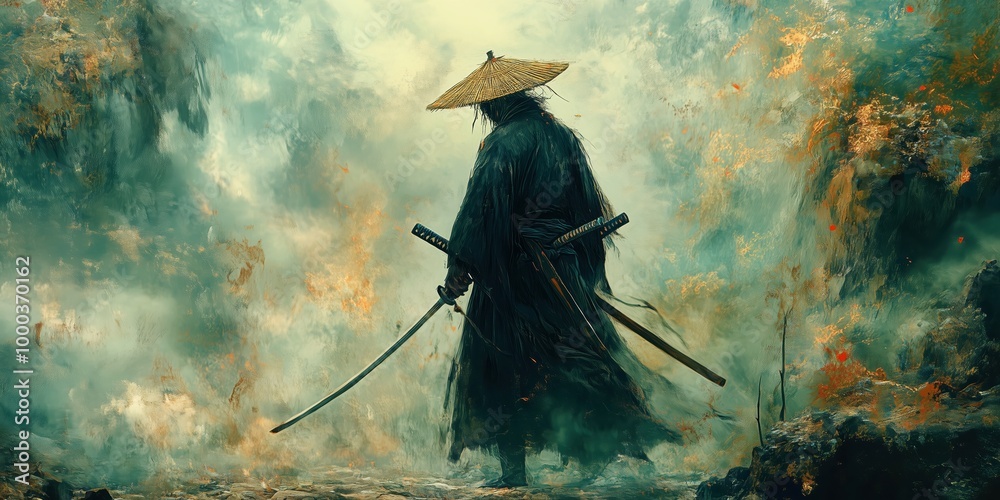 Silhouette of a dark samurai in traditional attire wielding dual ...