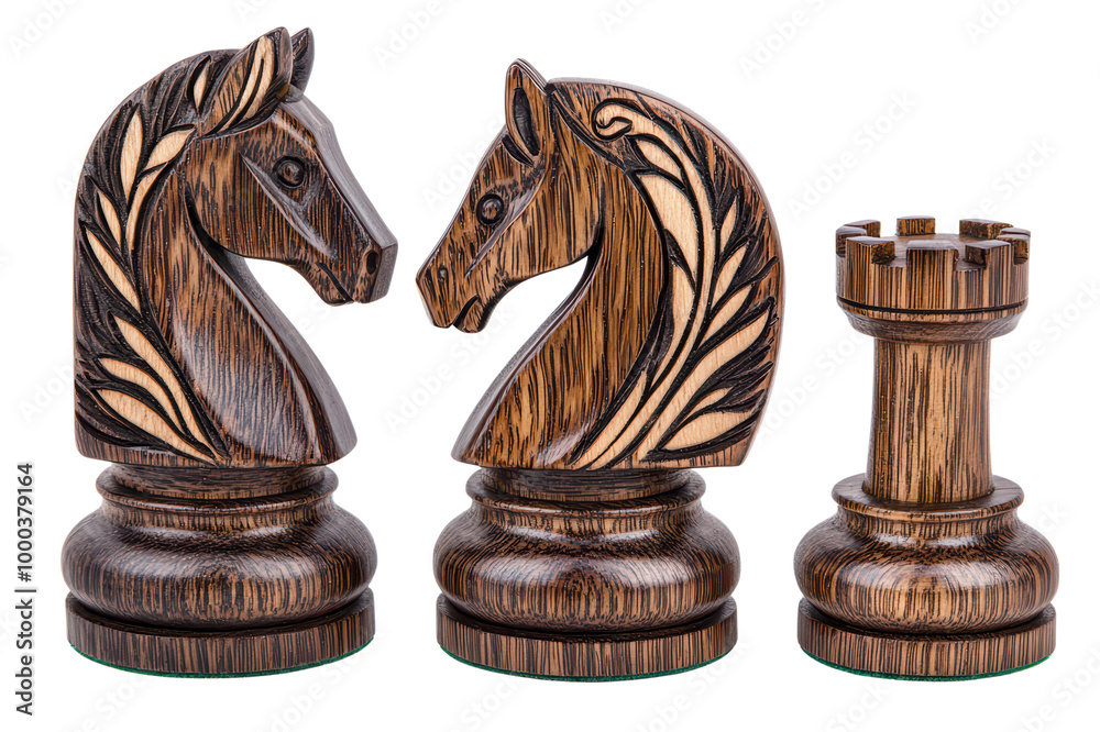 Intricately carved wooden chess pieces, featuring knight and rook ...
