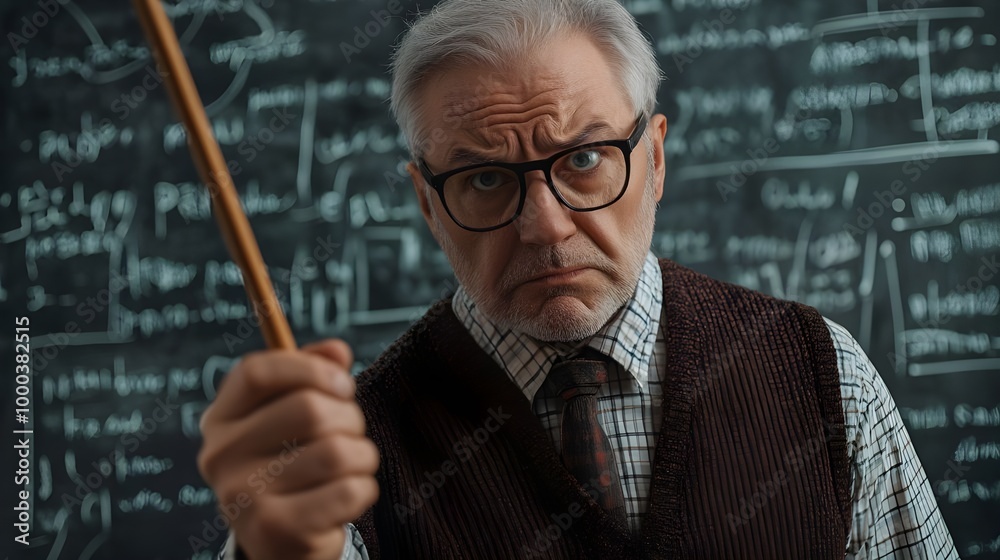 Senior male professor with gray hair and eyeglasses, holding a stick ...