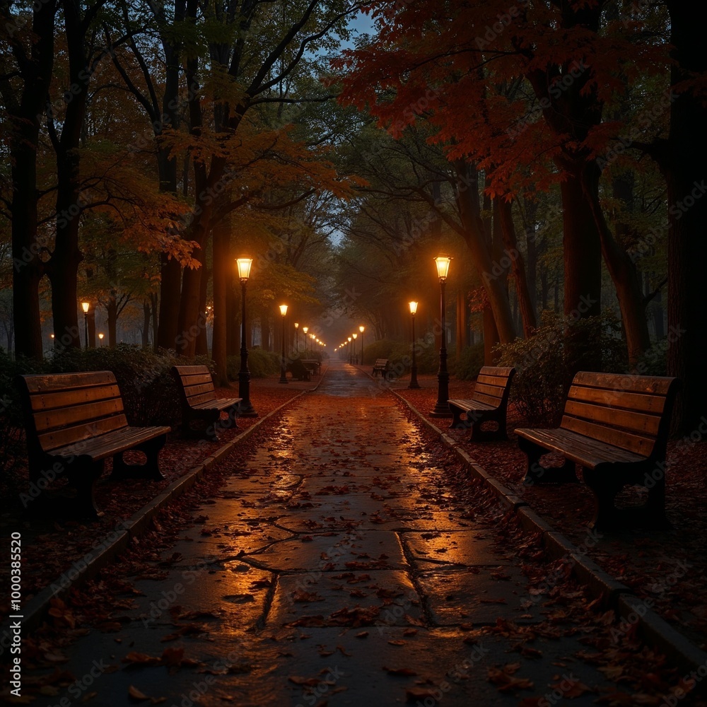 Serene autumn night in a park with benches and glowing street lamps ...
