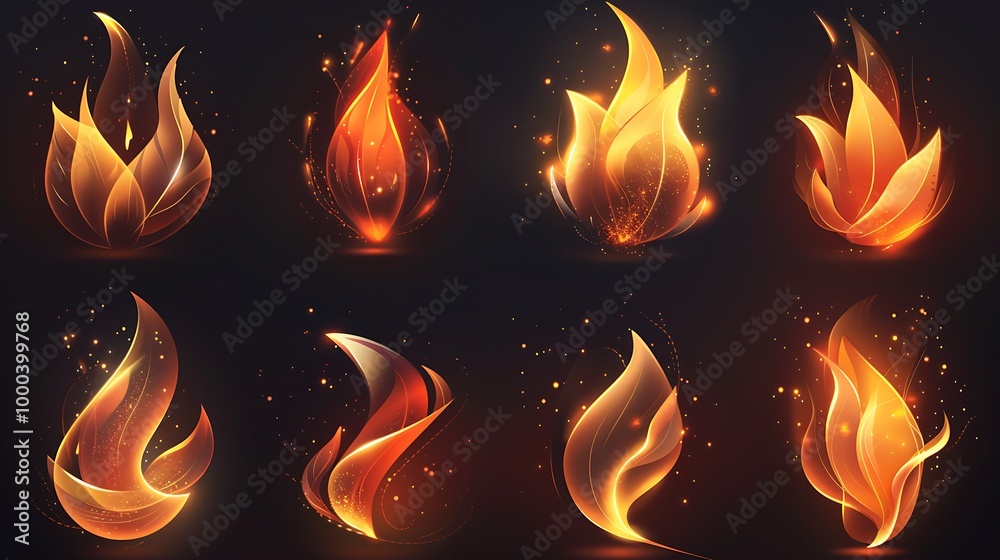 Versatile fire icon set featuring various flame designs with dynamic ...