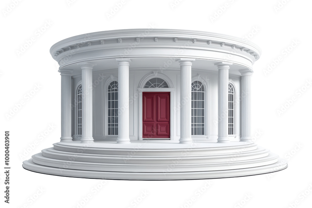 Classic round building with pillars and red door, white isolate ...