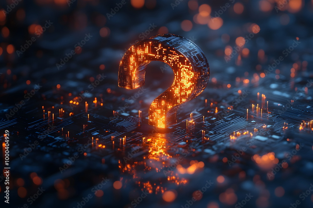 3D digital question mark made of glowing connected circuits on a bright ...