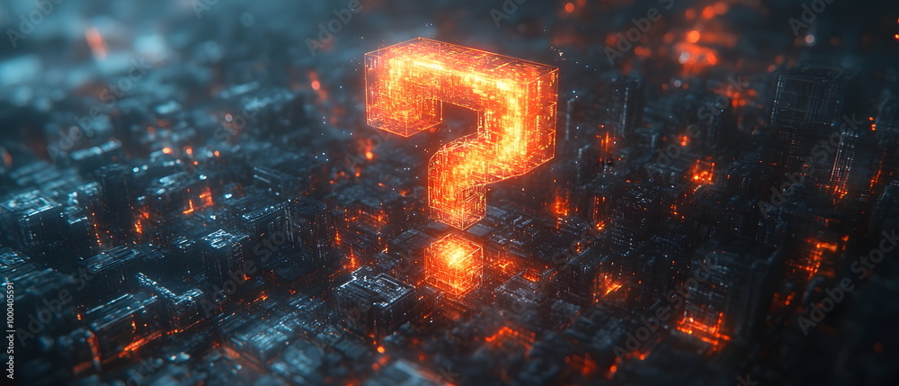 3D digital question mark made of glowing connected circuits on a bright ...
