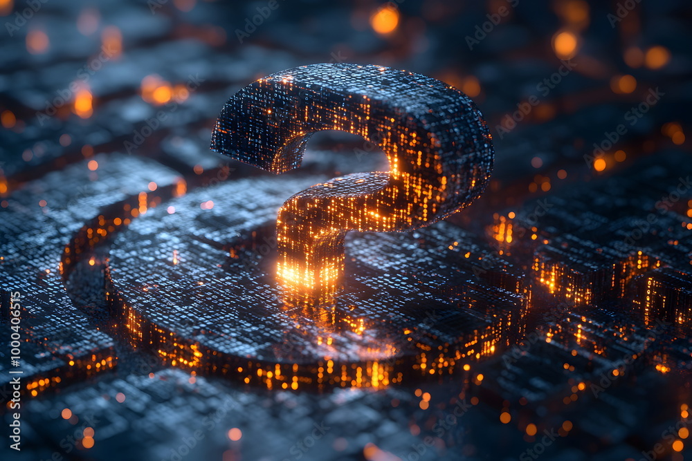 3D digital question mark made of glowing connected circuits on a bright ...