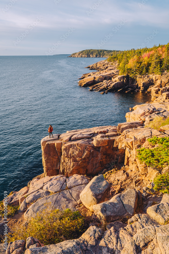 Epic Female Hiker Rock Cliff on Sand Beach Coastline Acadia National ...