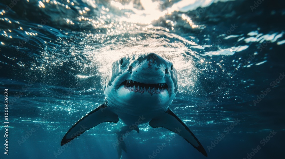 Great White Shark Breaching Water Surface Stock Photo | Adobe Stock