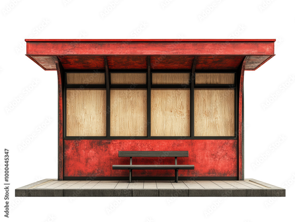 Red bus stop shelter with wooden bench, white isolated background ...