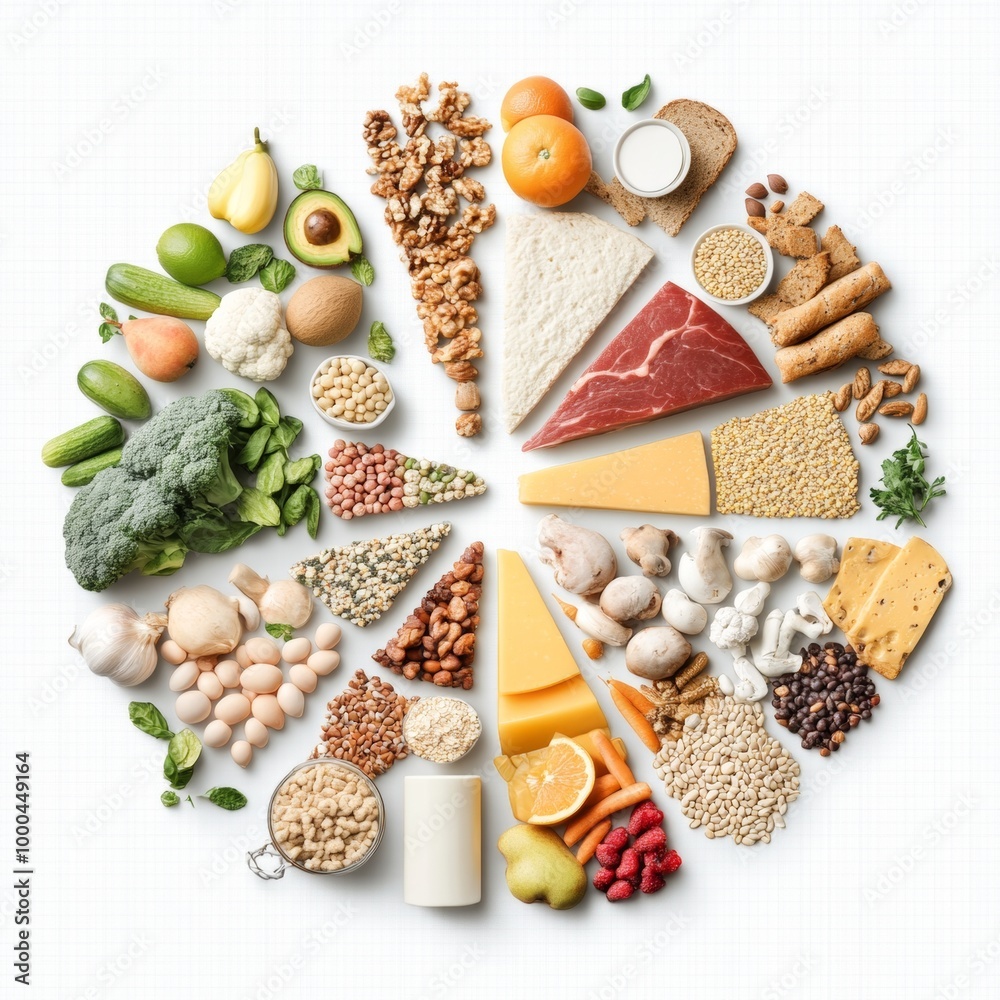 A colorful arrangement of various food items in a circular layout ...
