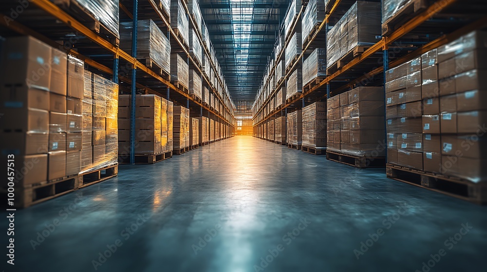 Empty warehouse aisle with stacked cardboard boxes on shelves ...